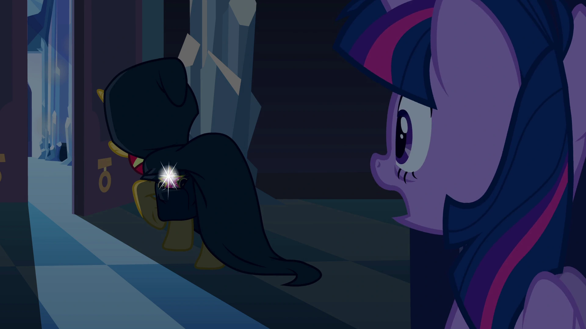 Image - Twilight sees Sunset Shimmer in cloak EG.png | My Little Pony ...